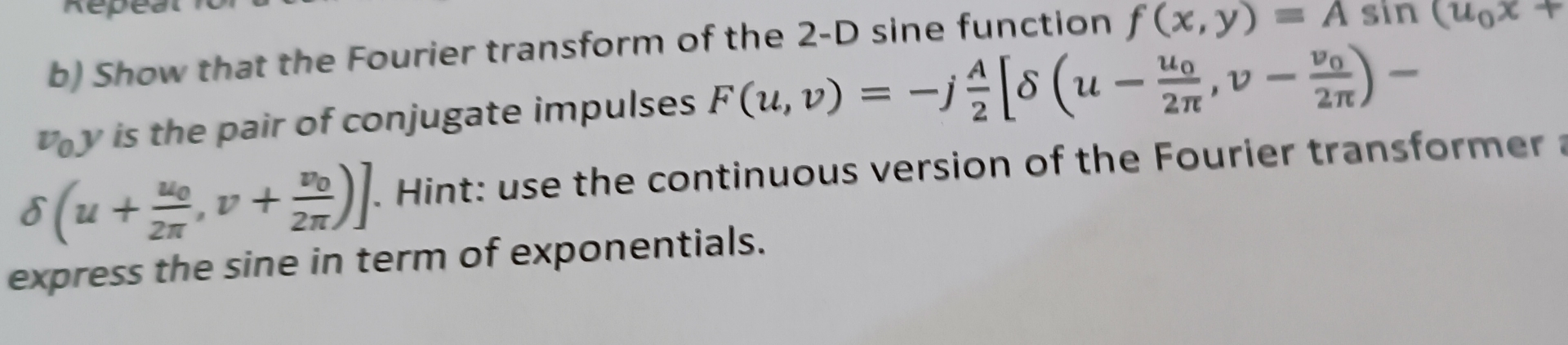 Solved b) ﻿Show that the Fourier transform of the 2-D sine | Chegg.com