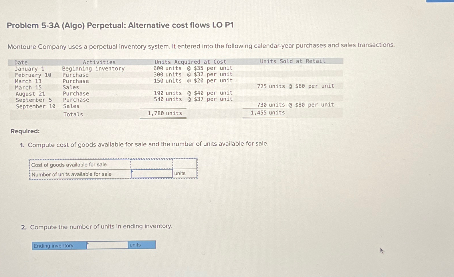 Solved Problem 5-3A (Algo) Perpetual: Alternative cost | Chegg.com Solved Problem 5-3A (Algo) Perpetual: Alternative cost | Chegg.com