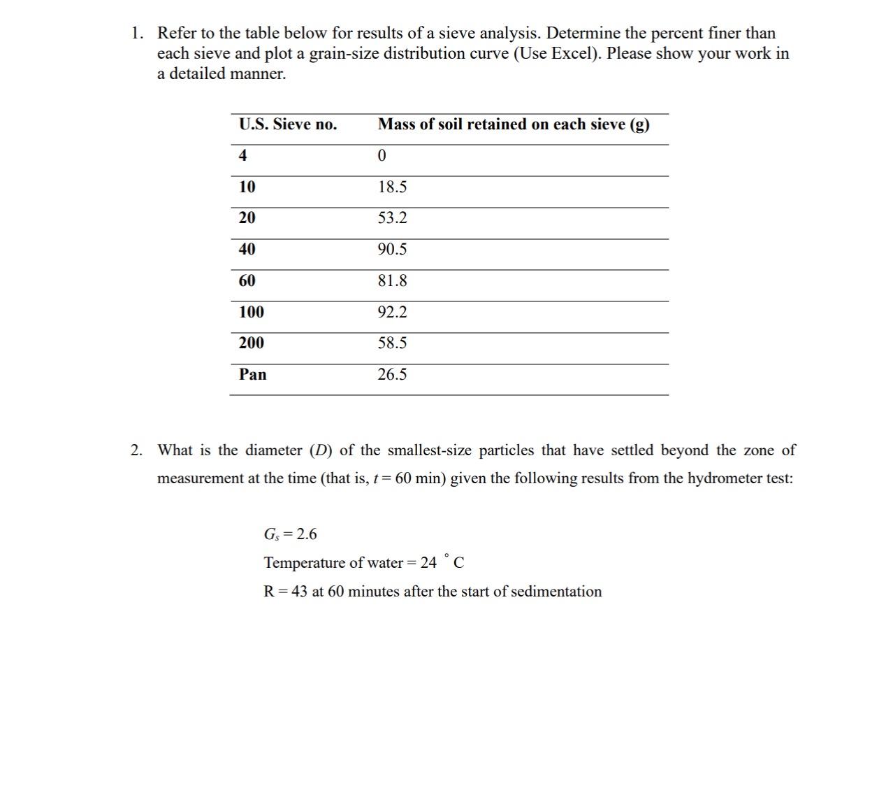 Solved Refer to the table below for results of a sieve | Chegg.com