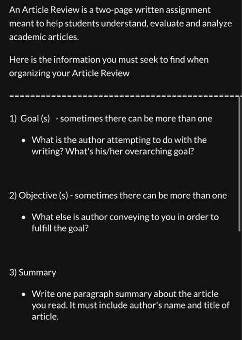 An Article Review is a two-page written assignment | Chegg.com