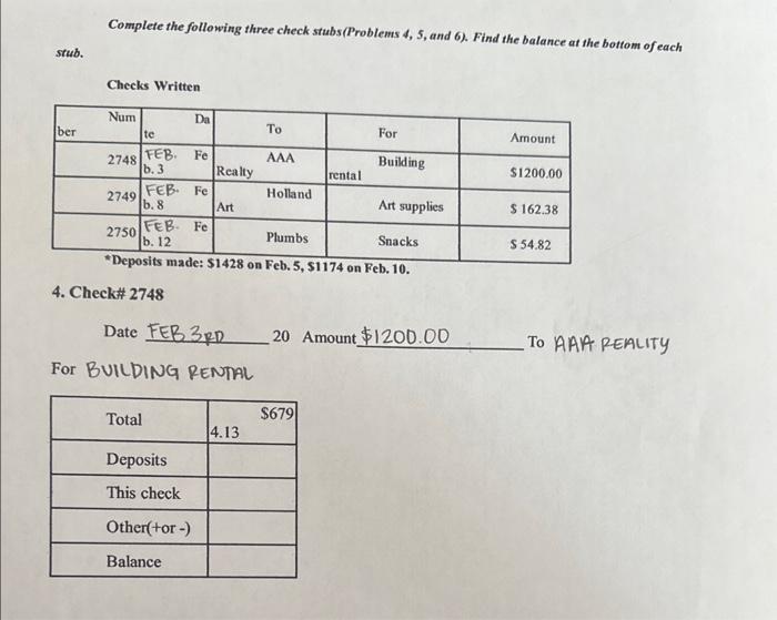 Solved stub. Complete the following three check | Chegg.com