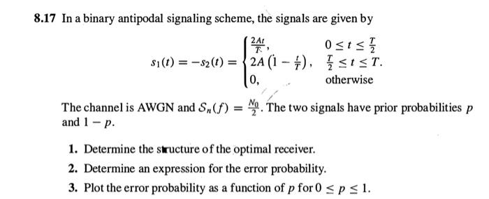 Solved 8.17 In a binary antipodal signaling scheme, the | Chegg.com