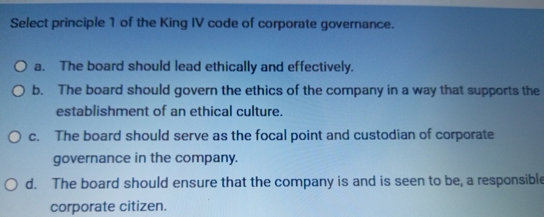Solved Select principle 1 ﻿of the King IV code of corporate | Chegg.com