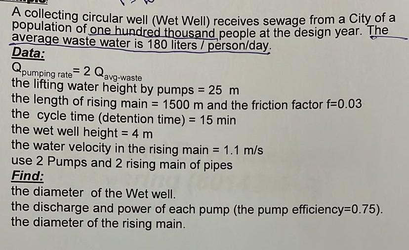 Solved A collecting circular well (Wet Well) receives sewage | Chegg.com