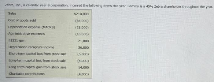 Solved Zebra, Inc., a calendar year S corporation, incurred | Chegg.com