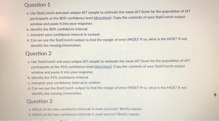 Solved Question 1 a. Use StatCrunch and your unique IAT | Chegg.com