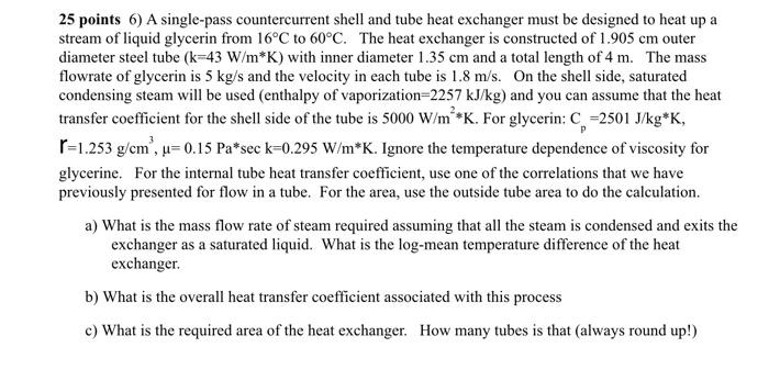Solved 25 points 6) A single-pass countercurrent shell and | Chegg.com