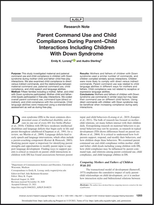 Lerang a Stering: Conmund Use and Chid Complance in | Chegg.com