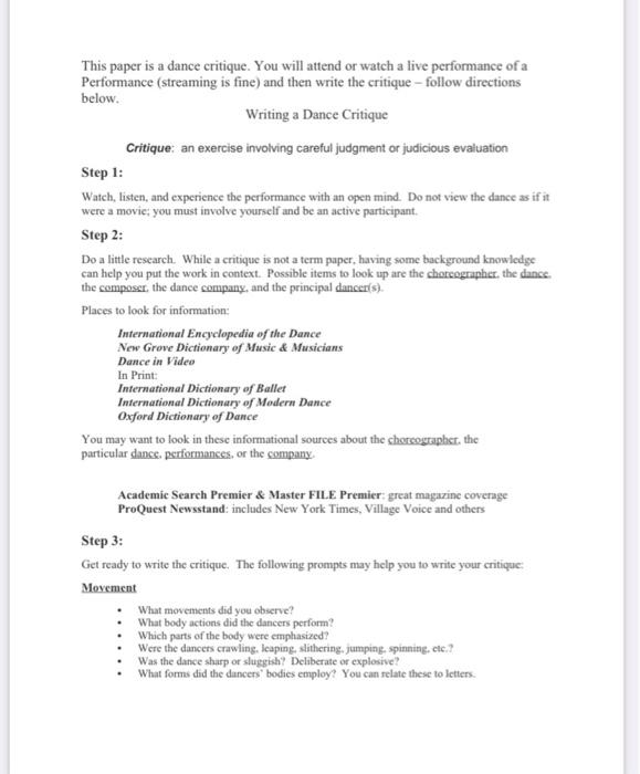 This paper is a dance critique. You will attend or | Chegg.com