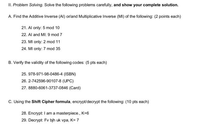 Solved II. Problem Solving. Solve the following problems | Chegg.com