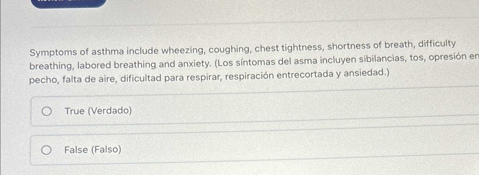 Solved Symptoms of asthma include wheezing, coughing, chest | Chegg.com
