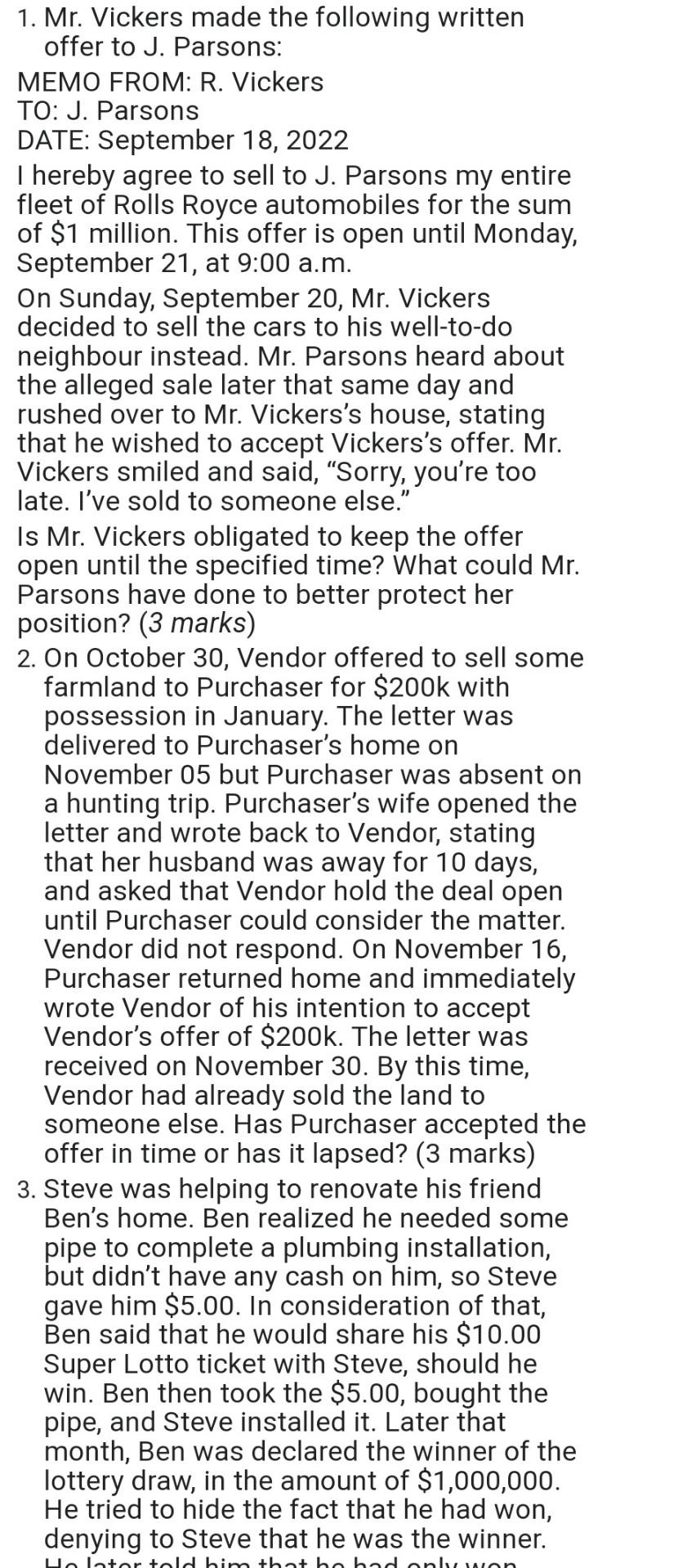 1. Mr. Vickers made the following written offer to J. | Chegg.com