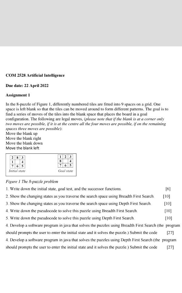 Solved COM 2528 Artificial Intelligence Due date: 22 April | Chegg.com