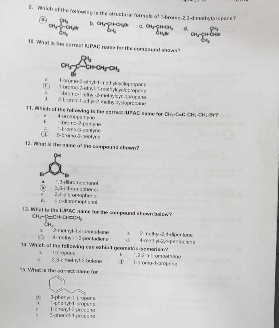 Solved 9. Which of the following is the structural formula | Chegg.com