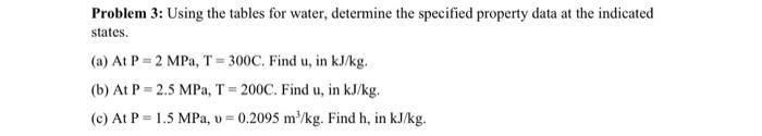 [Solved]: Problem 3: Using the tables for water, determine