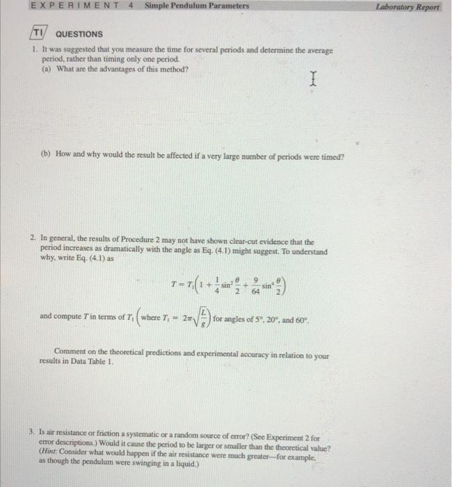 Solved EXPERIMENT 4 Simple Pendulum Parameters Labo 4. | Chegg.com