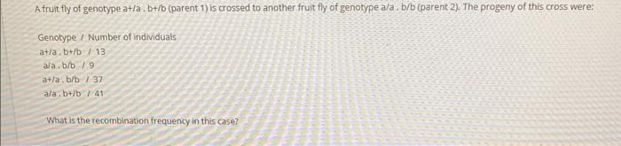 Solved A fruit fly of genotype a+/a. b+/b (parent 1) is | Chegg.com