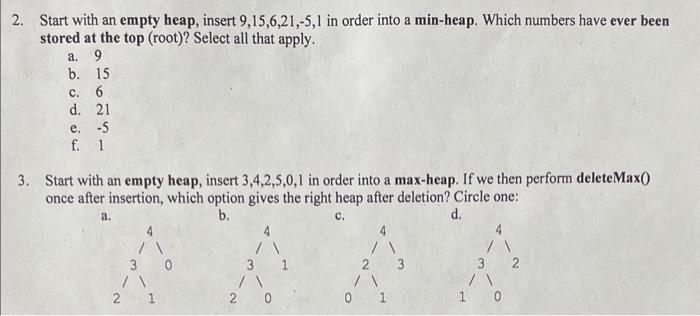 Solved Start with an empty heap, insert 9,15,6,21,−5,1 in | Chegg.com