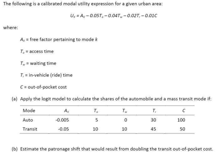 Solved The calibrated utility functions for auto and transit | Chegg.com