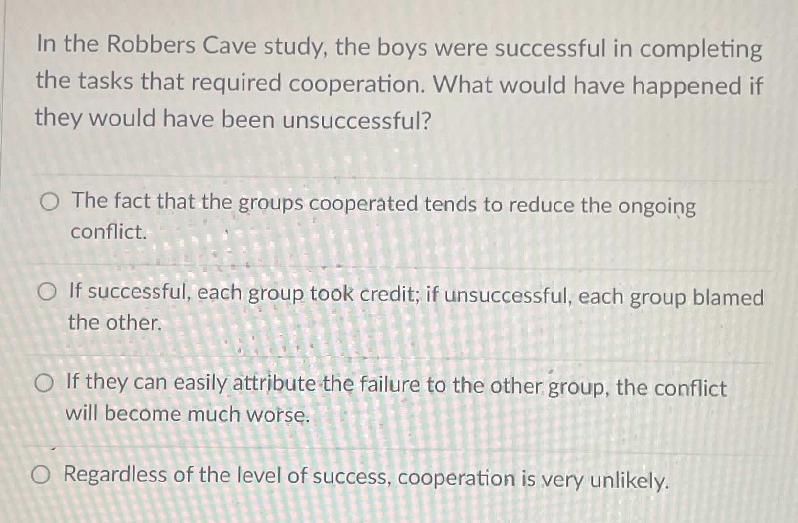 Solved In the Robbers Cave study, the boys were successful | Chegg.com