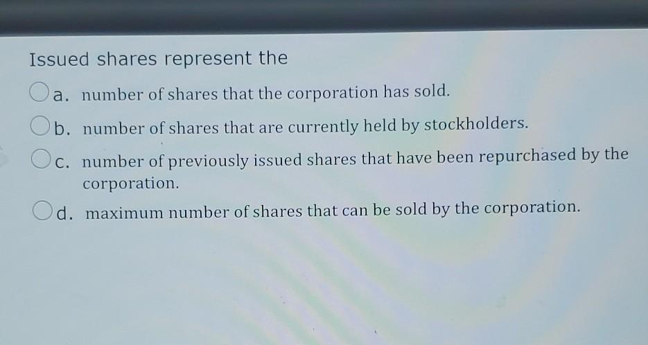 Solved Issued shares represent the a. number of shares that | Chegg.com