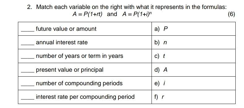 Solved 2. Match each variable on the right with what it | Chegg.com