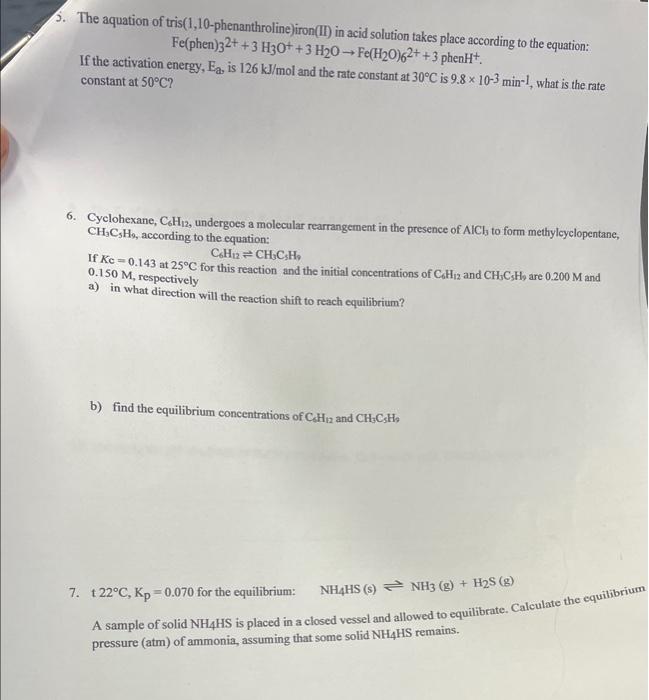 Solved 5. The aquation of tris(1,10-phenanthroline)iron(II) | Chegg.com