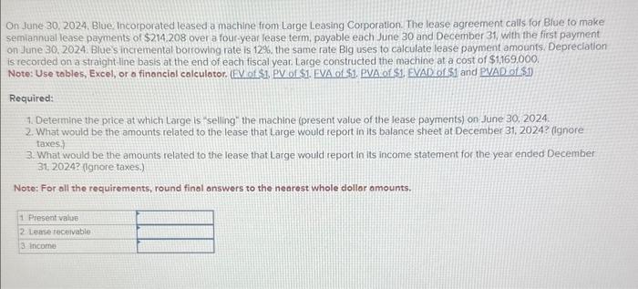 Solved On June 30,2024 , Blue, Incorporated leased a machine | Chegg.com