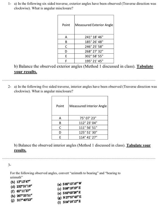 Solved 1- a) In the following six sided traverse, exterior | Chegg.com