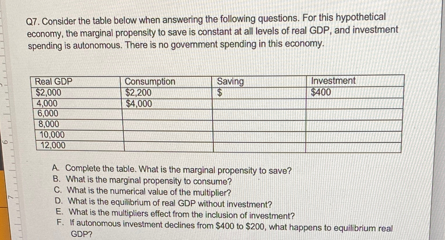 Solved Q7. ﻿Consider the table below when answering the | Chegg.com