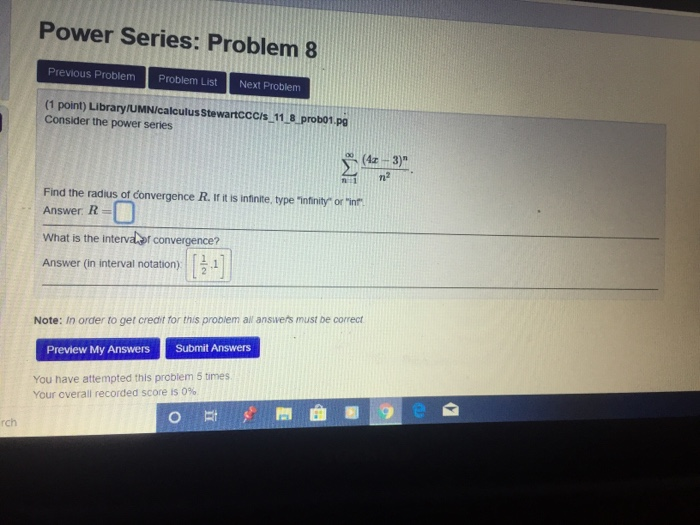 Solved Power Series: Problem 8 Previous Problem Problem List | Chegg.com