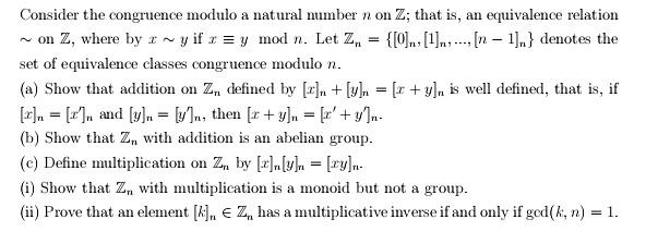 Solved Consider the congruence modulo a natural number n on | Chegg.com