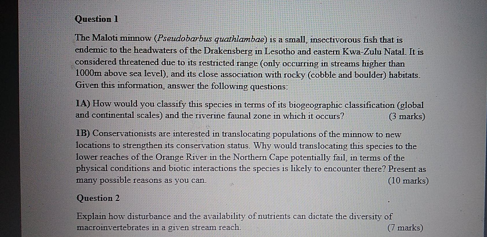 Question 1 The Maloti minnow (Pseudobarbus | Chegg.com