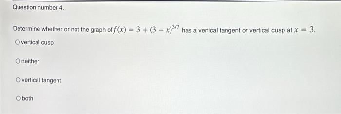 Solved Determine whether or not the graph of f(x)=3+(3−x)3/7 | Chegg.com