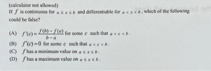Solved (calculator not allowed) If f is continuous for a≤x≤b | Chegg.com