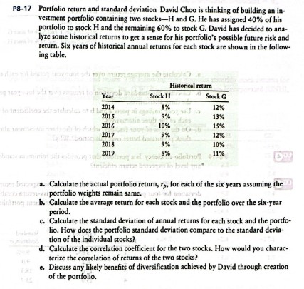 Solved P8-17 ﻿Portfolio return and standard deviation David | Chegg.com