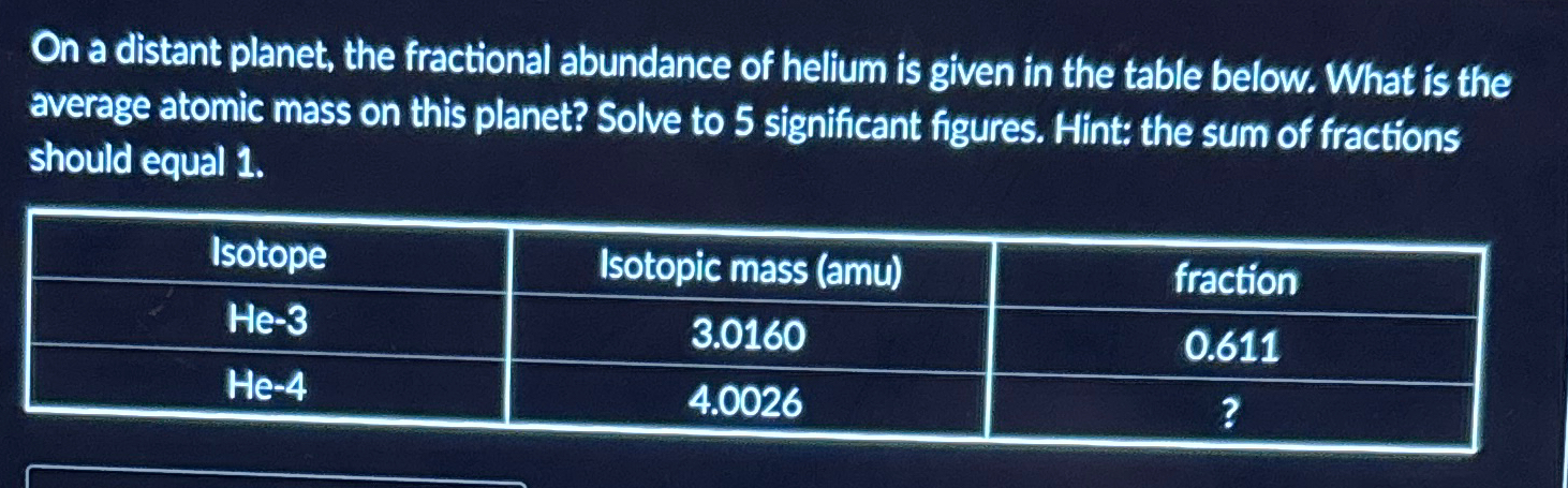 Solved On a distant planet, the fractional abundance of | Chegg.com