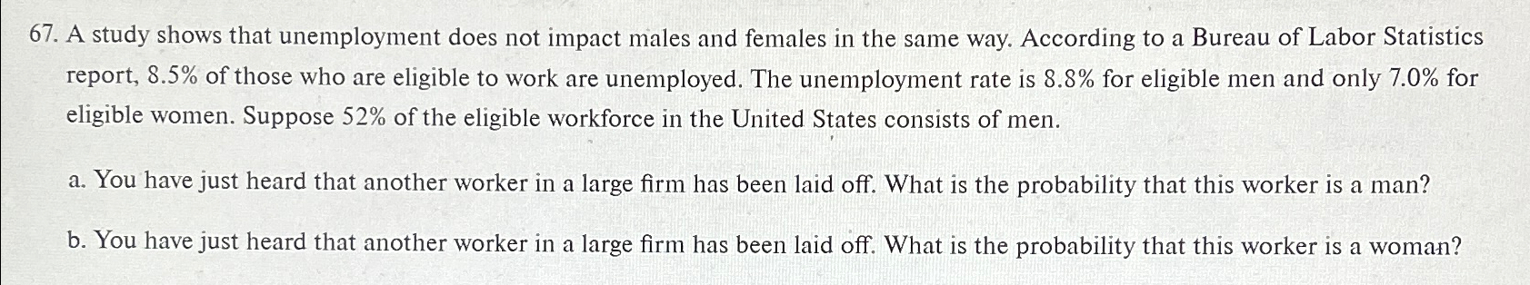 Solved A study shows that unemployment does not impact males | Chegg.com