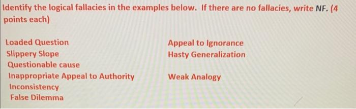 Solved Identify the logical fallacies in the examples below. | Chegg.com