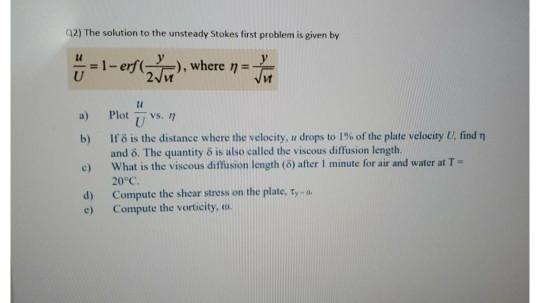 Solved 02) The solution to the unsteady Stokes first problem | Chegg.com