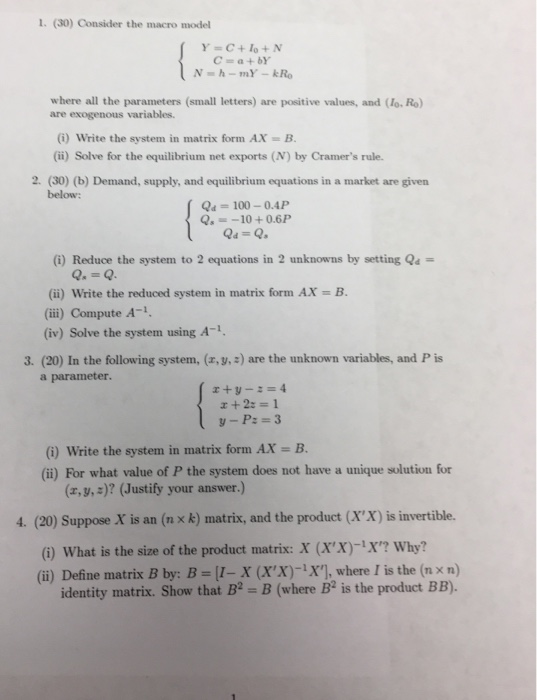 Solved 1. (30) Consider the macro model { Y =C +To+N C=a+ Y | Chegg.com