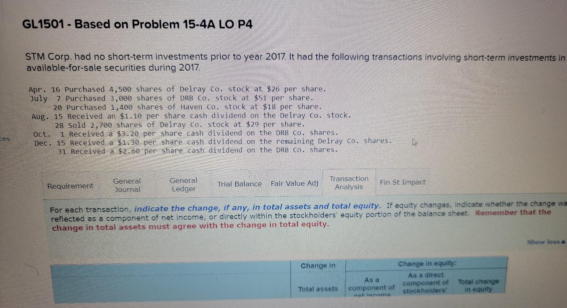 GL1501 - Based on Problem 15-4A LO P4 STM Corp. had | Chegg.com
