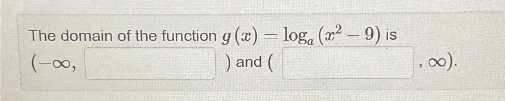 Solved The domain of the function g(x)=loga(x2-9) ﻿is (-∞,) | Chegg.com