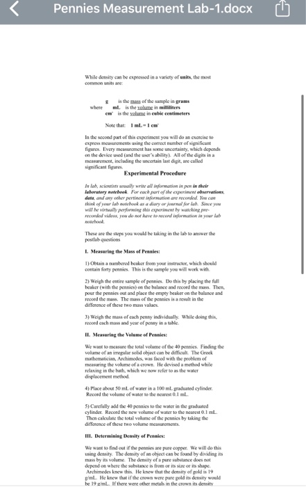 Pennies Measurement Lab-1.docx the mast While desity | Chegg.com