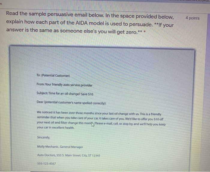 Solved os 4 points Read the sample persuasive email below. | Chegg.com