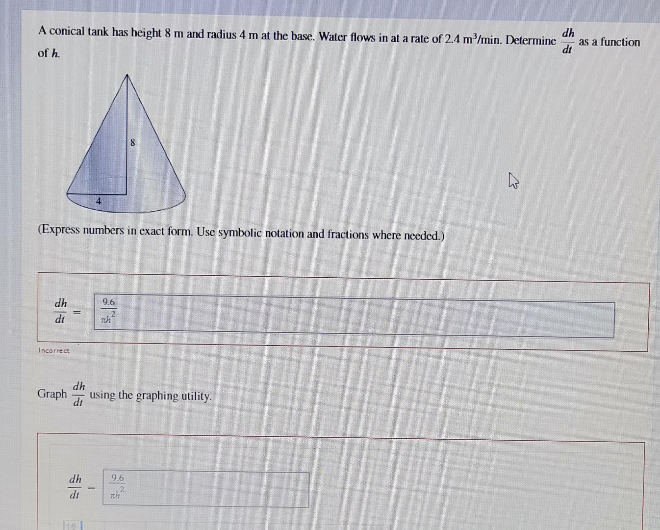 Solved A conical tank has height 8 m and radius 4 m at the | Chegg.com