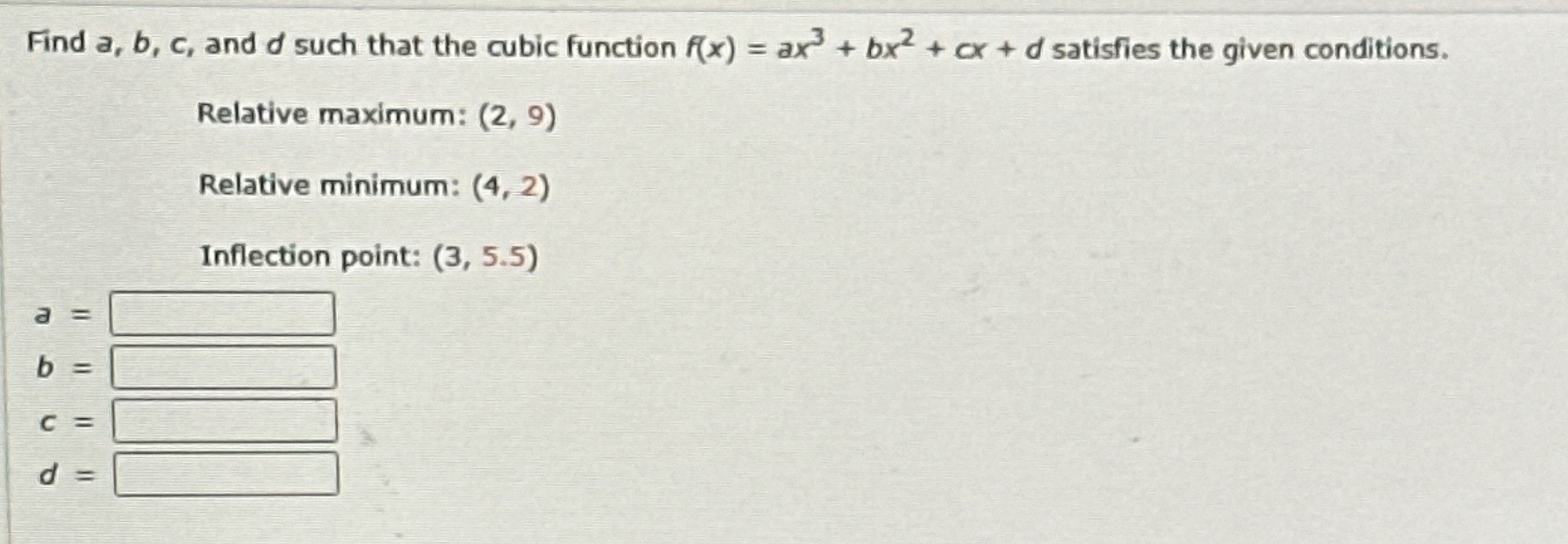 Solved Find a,b,c, ﻿and d ﻿such that the cubic function | Chegg.com