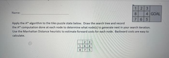 Solved Apply The A∗ Algorithm To The Tiles Puzzle State