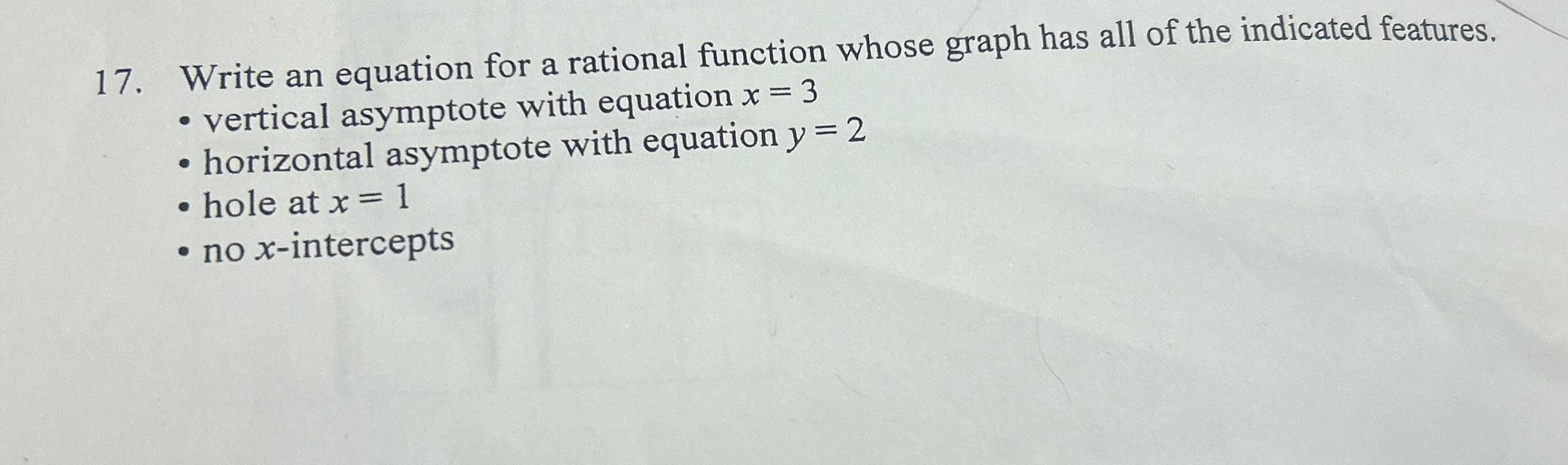 Solved Write an equation for a rational function whose graph | Chegg.com