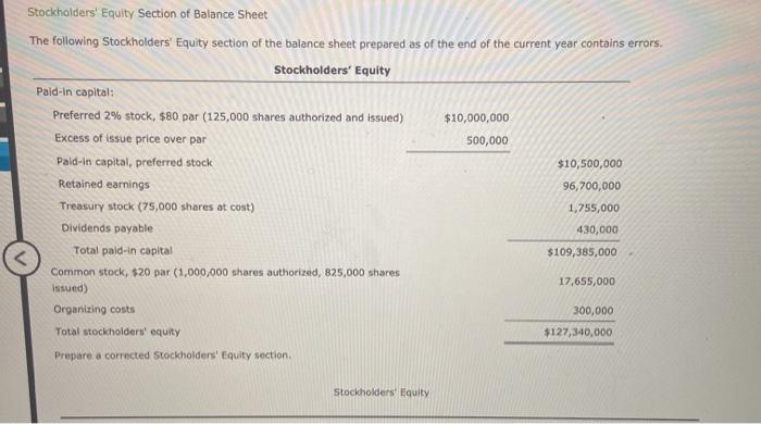 Solved Stockholders' Equity Section of Balance Sheet The | Chegg.com